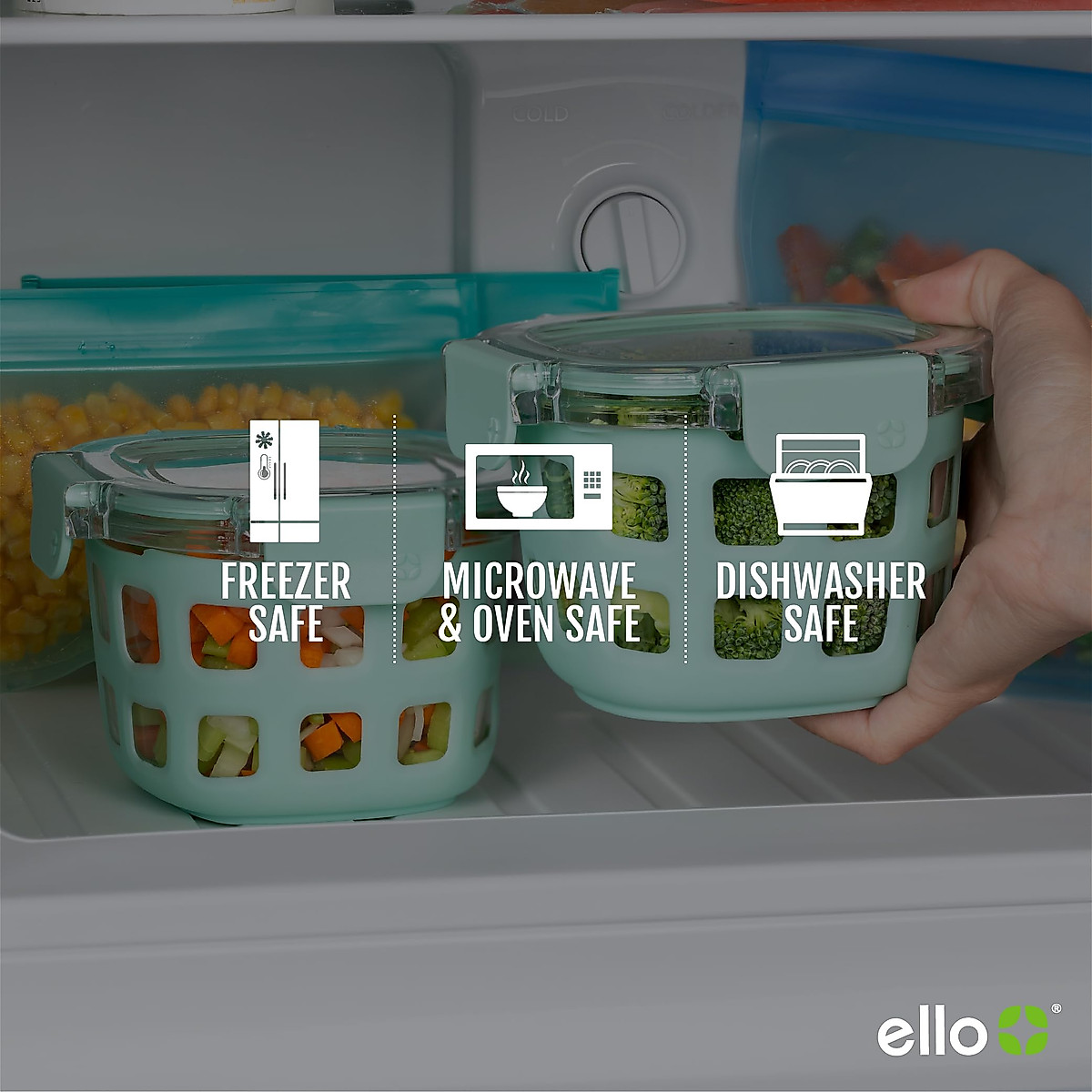 Ello DuraGlass Rounds Glass Food Storage Containers - Meal Prep Bowls with Silicone Sleeve and Airtight Lids, 2 Cup, Yucca