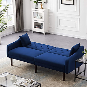 Olela Futon Sofa Bed Convertible Couch Bed with Armrests Modern Living Room Velvet Sofa Bed, Folding Recliner Futon Couch Sleeper Set with Wood Legs,Blue