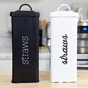 AuldHome Farmhouse Enamelware Straw Holder (Black); Retro Metal Straw Storage Canister