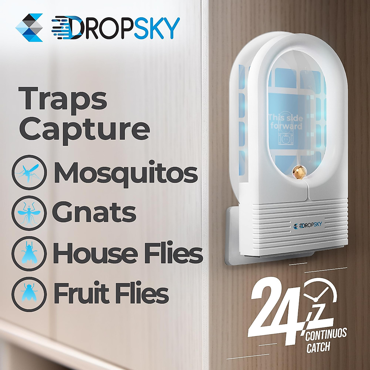 Dropsky Indoor Flying Insect Trap - Plug-in Bug Light Trap for Fruit Flies, Gnats and Houseflies - Odorless and Mess Free (2 Traps + 2 Glue Cards)