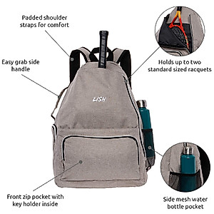LISH Game Point Tennis Backpack w/Shoe Compartment - Racket Holder Equipment Bag for Tennis, Racquetball, Squash (Grey)
