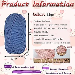 3PCS 150g Beginners Blue Yarn for Crocheting and Knitting,260 Yards Cotton Nylon Blend Yarn for Hand DIY Bag Basket Dolls and Cushion