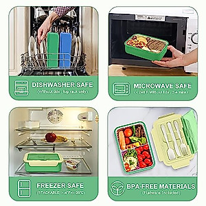 Landmore Bento Box Lunch Box for Kids Adults, 1100 ML Bento Lunch Box for Kids 3 Compartments with Utensils and Lunch Bag, Leakproof BPA Free(Green)