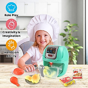 deAO Air Fryer Toy for Kids with Lights,Play Kitchen Color Changing Play Foods,13 PCS Pretend Food and Cooking Playset,Gift for Boys Girls Kids