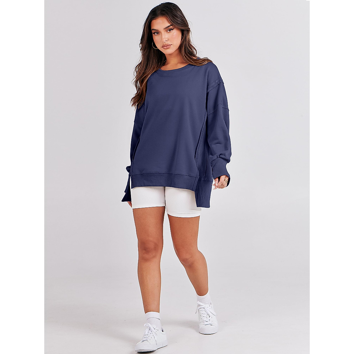 ANRABESS Women's Oversized Sweatshirts Crew Neck Long Sleeve Shirts Casual Loose Slit 2025 Fall Clothes Navy Blue S