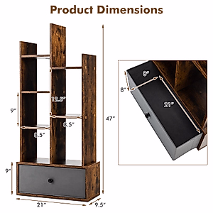 LOKO Rustic Bookshelf with Drawer, Industrial 3 Shelf Bookcase with Anti-toppling Device and 7 Open Compartments, Freestanding Vintage Wooden Book Shelf for Bedroom, Living Room (Rustic Brown)