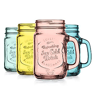 Glaver's Mason Jar Drinking Glasses Set Of 4, 15 oz. Colored Mugs With Embossed Ice-Cold Drinkware Logo, Glass Mason Jar Mug With Handle. For Smoothies, Cocktails, Beverages.