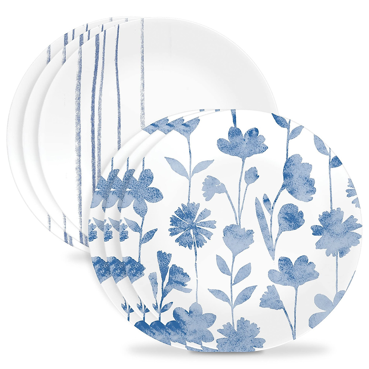 Corelle 6-Piece 8.5" Vitrelle Glass Lunch Plates, Lightweight, Scratch Resistant - Botanical Stripes