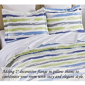 DAUAOTO Queen Size 90"X90" Duvet Cover Set, Print Cotton Teens Kids Bedding, Green Blue Striped