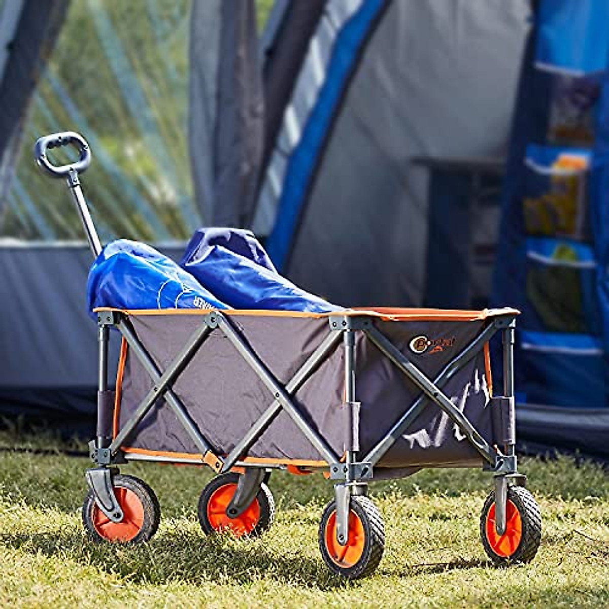 Portal Collapsible Folding Wagon, Push Pull Foldable Beach Wagon Cart with All-Terrain Wheels, Heavy Duty Utility Grocery Wagon for Outdoor Camping Garden Sport Shopping, Holds 225 lbs, Grey/Orange