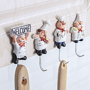 TA BEST Pack of 4 Resin French Chef Figurine Wall Hooks Decorative Cook Wall Mount Rack Hook Hanger(Assorted Style)