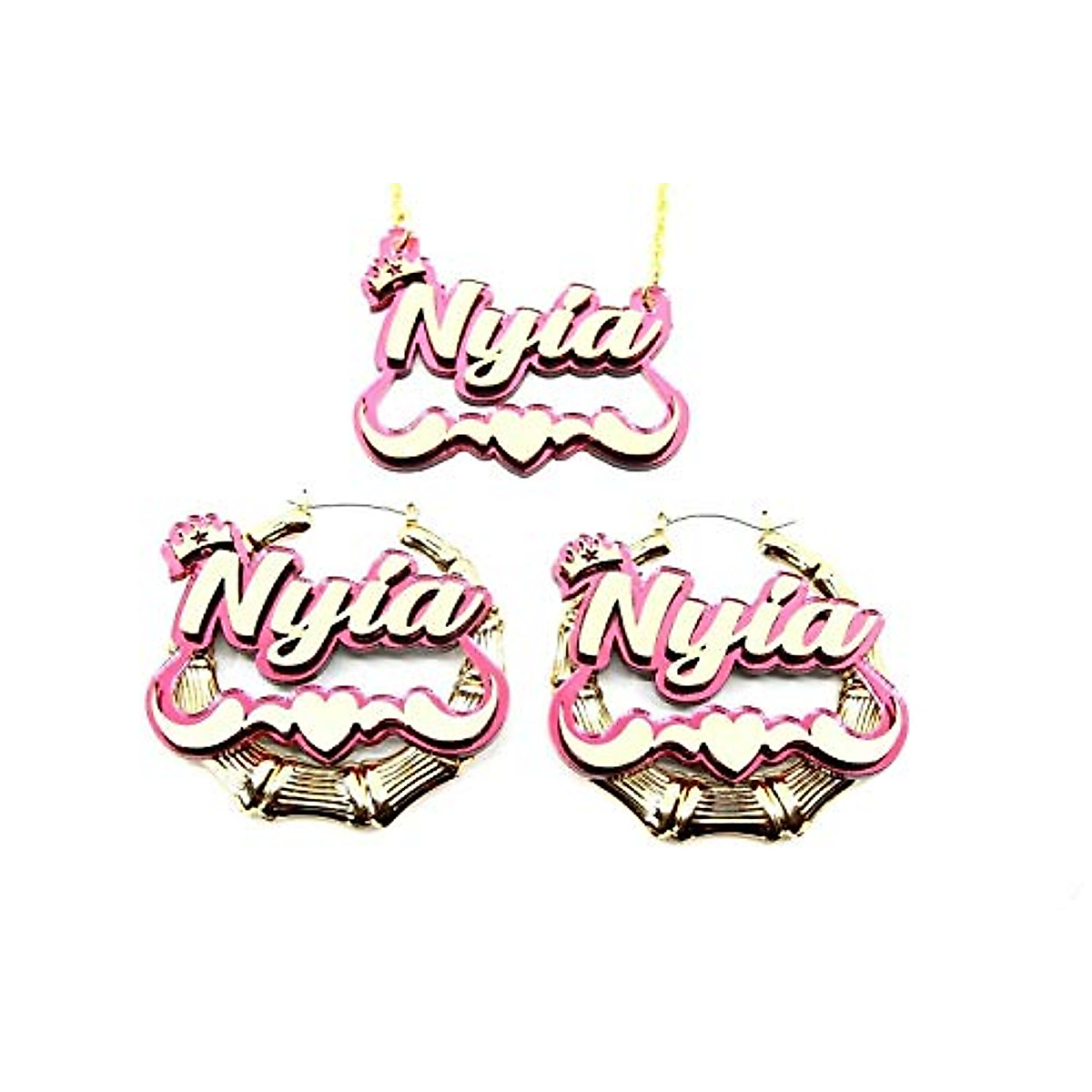 Name Necklace Plate Personalized Custom Nameplate and 1.5" Bamboo Gold Earrings With Swirls Heart and Crown on Top Jewelry Set Color Choice Laser Cut Gold Script Cursive Letters, Quality Gold Chain