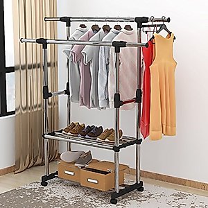 Panet Coat Rack Double Pole Coat Rack Indoor and Outdoor Clothes Rack Stainless Steel Drying Rack Free Standing Coat Rack (Color : B)