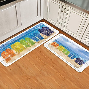 ZOE GARDEN 2 Pcs Kitchen Rug Set, Blue Sky Colorful Flip Flops Non-Slip Kitchen Mats and Rugs Comfort Floor Door Mat Doormat, Abstract Vintage Beach Throw Bath Runner Rug Mat