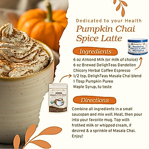 DelighTeas Organic Masala Chai Powder and Herbal Coffee Bundle - Caffeine Free, Unsweetened, Vegan, Keto, USDA Organic