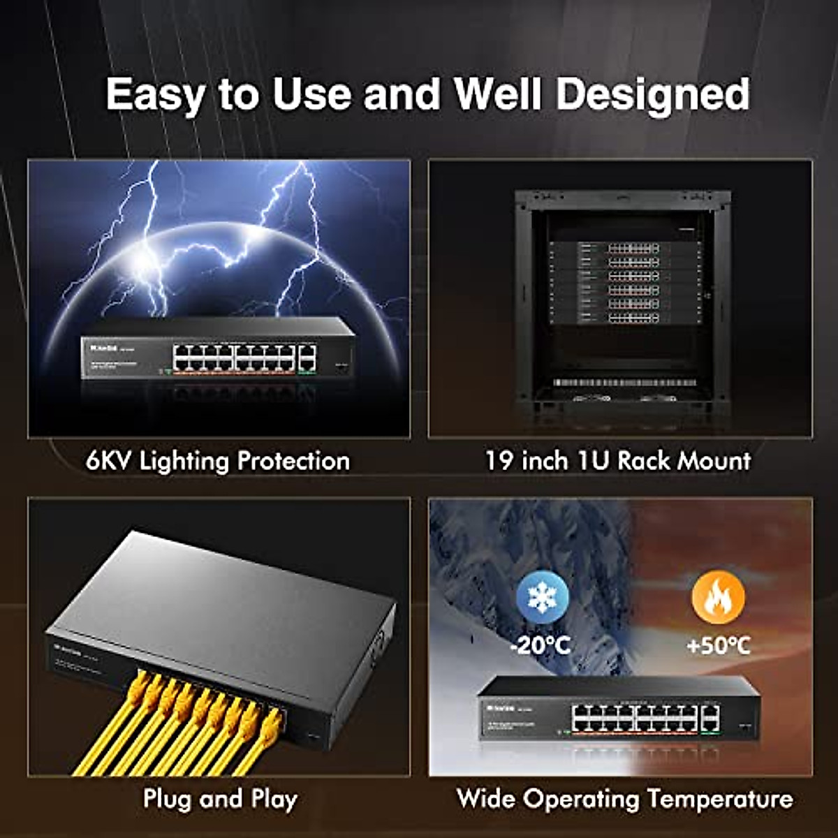 MokerLink 18 Port Gigabit PoE Switch, 16 Gigabit PoE+ Ports, 2 Gigabit Uplink, 250W IEEE802.3af/at, Metal Rackmount Unmanaged Plug and Play Ethernet Switch