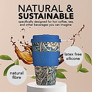 Reusable Coffee Cups with Lids, Natural Fiber Coffee Mug and Travel Cup, Food-Grade Coffee Travel Mug, 14oz, William Morris Lily- Ecoffee Cup
