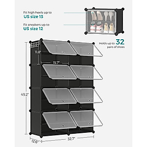 SONGMICS Shoe Rack, 8 Cubes Shoe Organizer with Doors, 32 Pair Plastic Shoe Storage Cabinet, for Bedroom, Entryway, Steel Frame, Plastic Panel, Black ULPC034B01