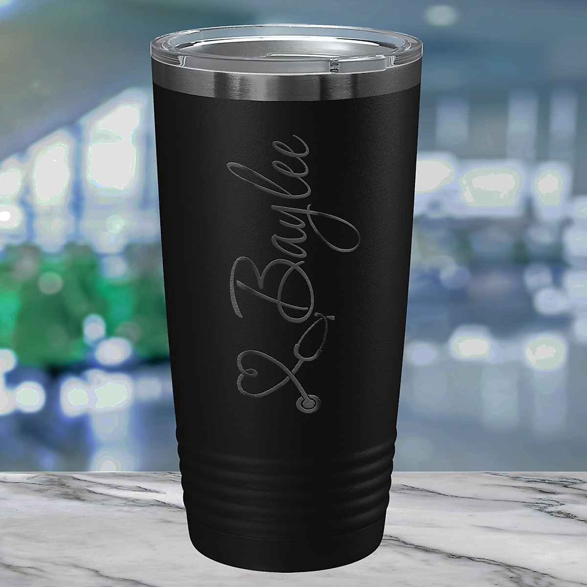 Personalized Heart Stethoscope Tumbler Gift for Nurse, RN, LPN, CNA, CMA, MA on Black with Ion Ghost Black Design 20 oz Stainless Steel Tumbler with Lid - Insulated Cup - Custom Travel Mug