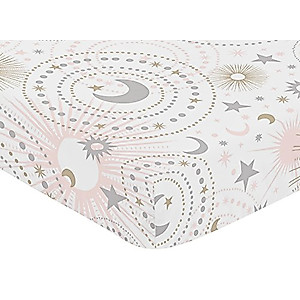 Blush Pink, Gold, Grey and White Star and Moon Baby or Toddler Fitted Crib Sheet for Celestial Collection by Sweet Jojo Designs
