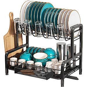 romision 2 Tier Dish Drying Rack, Large Dish Racks and Drainboard Set with Utensil Holder, Dish Drainer for Kitchen Counter, Black