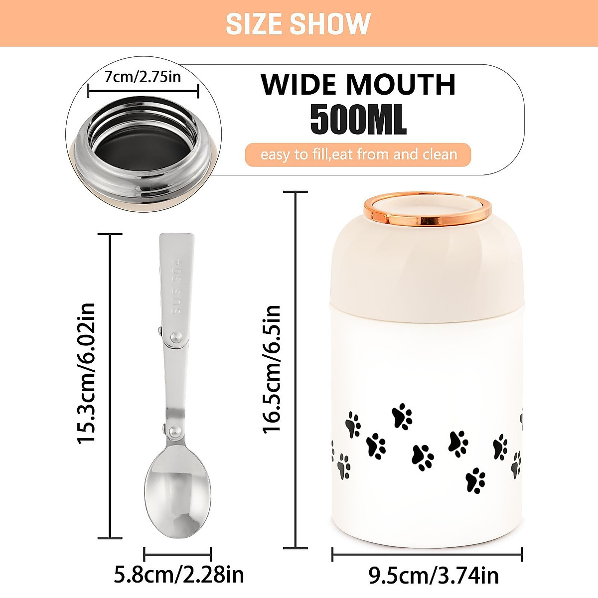CUPADA Cat Claw Footprint Food Jar for Hot and Cold, Dog Paw Insulated Food Jars Vacuum 17OZ with Folding Spoon for Work Trip Picnic Camping
