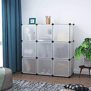 C&AHOME Cube Storage with Doors, 9 Cubes Storage Organizer, Plastic Closet Cabinet, Modular Book Shelf Units, Storage Shelves, Ideal for Office, Home, 36.6”L x 12.4”W x 36.6”H Translucent White
