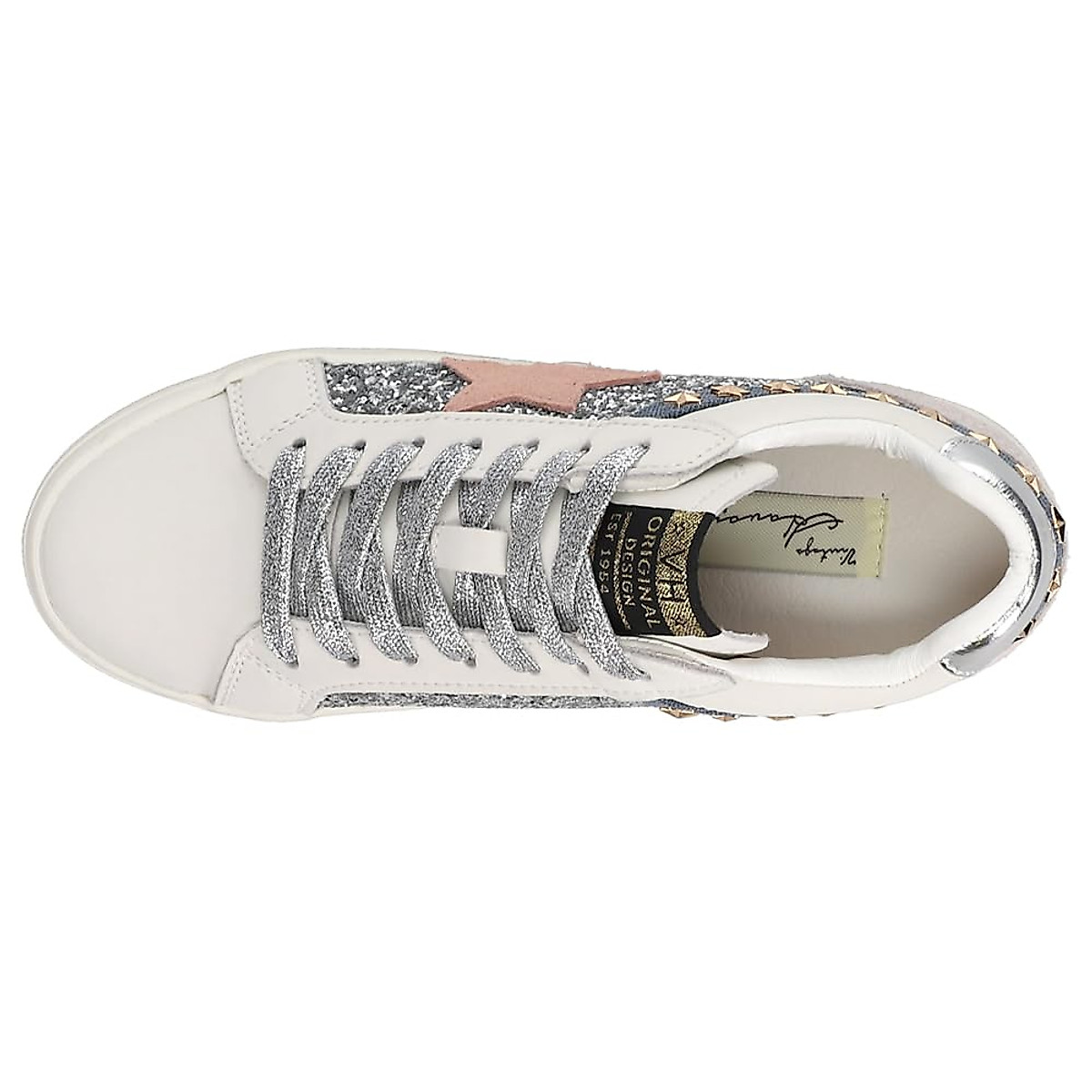 VINTAGE HAVANA Womens Bounce Glitter Lace Up Sneakers Shoes Casual - Pink, Silver, White - Size 6 M