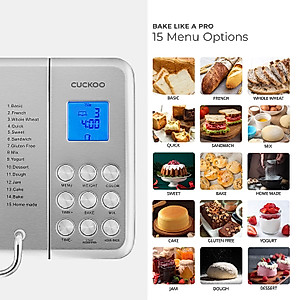 CUCKOO Bread Maker Machine with 15 Menu Options + 3 Crust Colors, 2 lbs Bread Machine with Automatic Fruit & Nut Dispenser, Includes 6 Accessories, Ideal for Gluten Free or Sourdough (CBM-AAB101S)