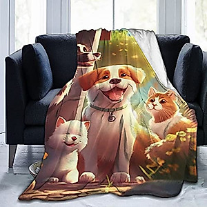 Happy Cat and Dog in The Morning Flannel Fleece Blanket - Cute Cartoon Pet Pattern, Soft and Comfortable, Suitable for Sofa and Bed, Easy to Clean, 40"x50"