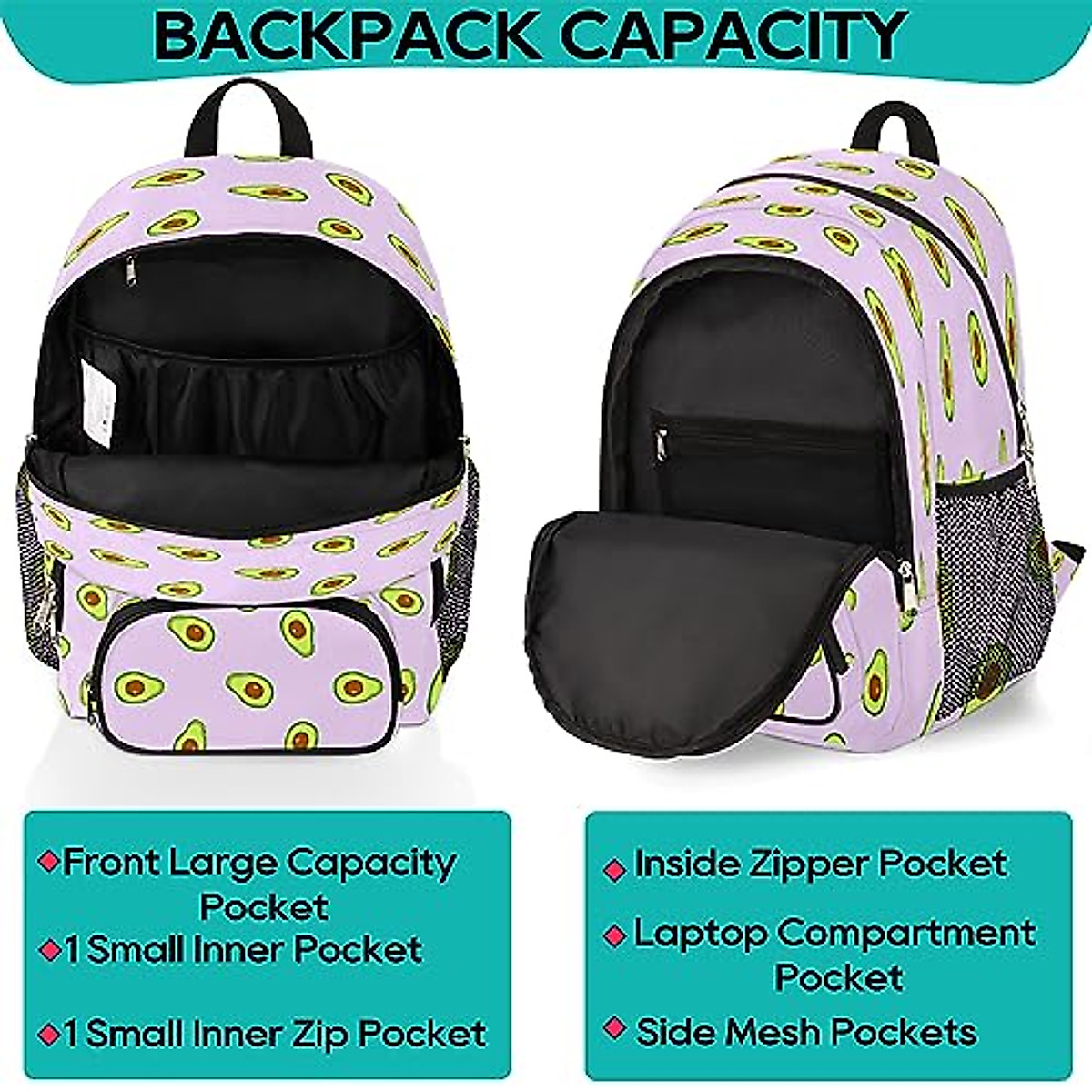 Avocado School Backpacks for Girls Boys Teens Students,Green-Avocado Stylish College Backpack Book Bag With Chest Strap,Waterproof Travel Backpacks for Women Men
