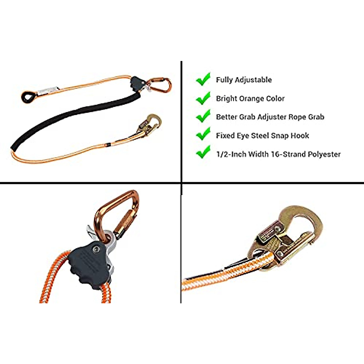 Pelican Rope Positioning with Steel Snap Hook (1/2 inch x 8 feet) – Adjustable, High Visibility Polyester Rope for Fall Protection, Arborists, Tree Climbers - ANSI Z133 & OSHA 1910/1926 Certified
