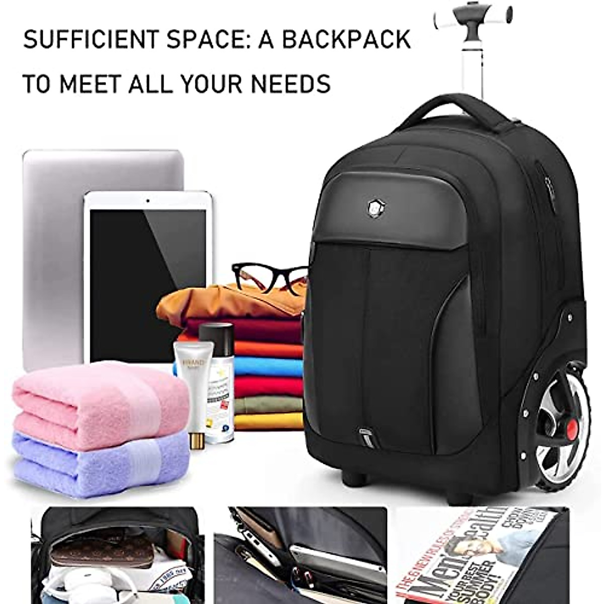 Waterproof Backpack with Wheels, Carry on Backpack with Laptop Compartment, Fit 17 Inch Laptop (Black)