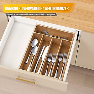 CherHome Silverware Organizer Utensil Drawer Organizer,Silverware Tray for Kitchen Drawer,Bamboo Flatware Tableware Cultery Caddy Utensil Tray Utensils Holder，5-Compartment，13.5" D x 10" W x 2" H