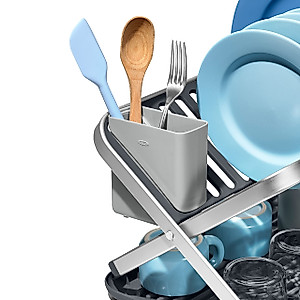 OXO Good Grips Aluminum Fold Flat Dish Drying Rack, 2-Tier, with Drainboard, for Kitchen Counter, Collapsible