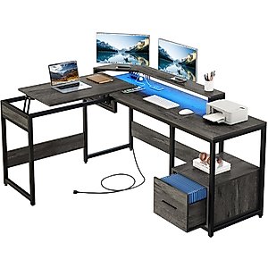 YITAHOME L Shaped Desk with Power Outlets & LED Lights, 65" Large Computer Desk with File Drawer & Lift Top, Height Adjustable Standing Desk with Monitor Stand & Storage Shelves, Grey