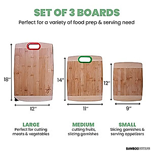 Bamboo Voyage Cutting Board Set of 3, 100% Natural Organic Bamboo, Knife Sharpener, Easy Hang Dry with color Silicone handles, Premium and Sturdy Chopping Boards for Vegetables, Meat and Cheese