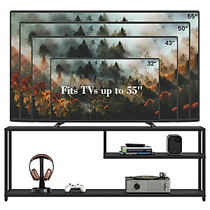 TECHMILLY Modern TV Stand for 55" TV, TV Table with Storage Shelves, Entertainment Center with Metal Frame, TV Console Table for Living Room, Bedroom, Black