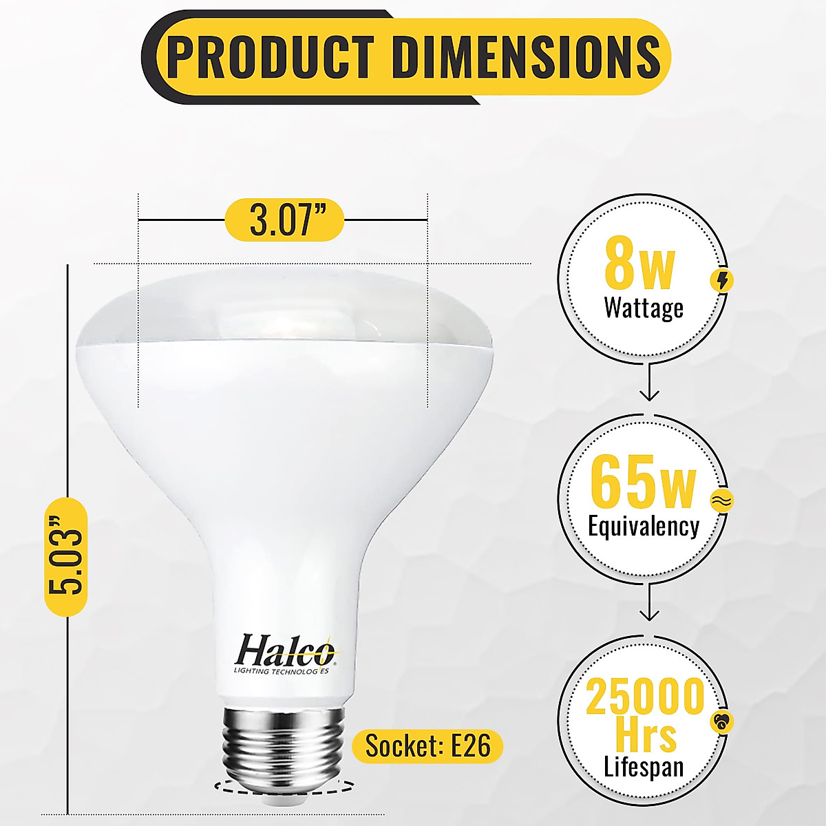 Halco ProLED BR30 Flood Led Light Bulbs, Dimmable, 8W 650 Lumens, 3000K Warm White 25000 Houers E26 Base, UL CRI 80 6-Pack