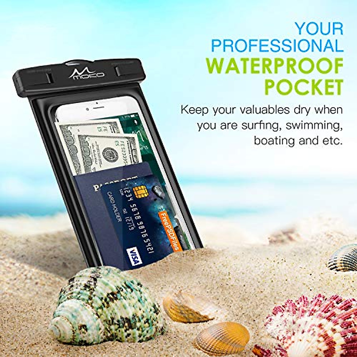 MoKo Floating Waterproof Phone Pouch [2 Pack], Floatable Phone Case Dry Bag with Lanyard Sponge Compatible with iPhone 14 13 12 11 Pro Max X/Xr/Xs/SE 3, Galaxy S21/S20/S10/S9, Black+Black