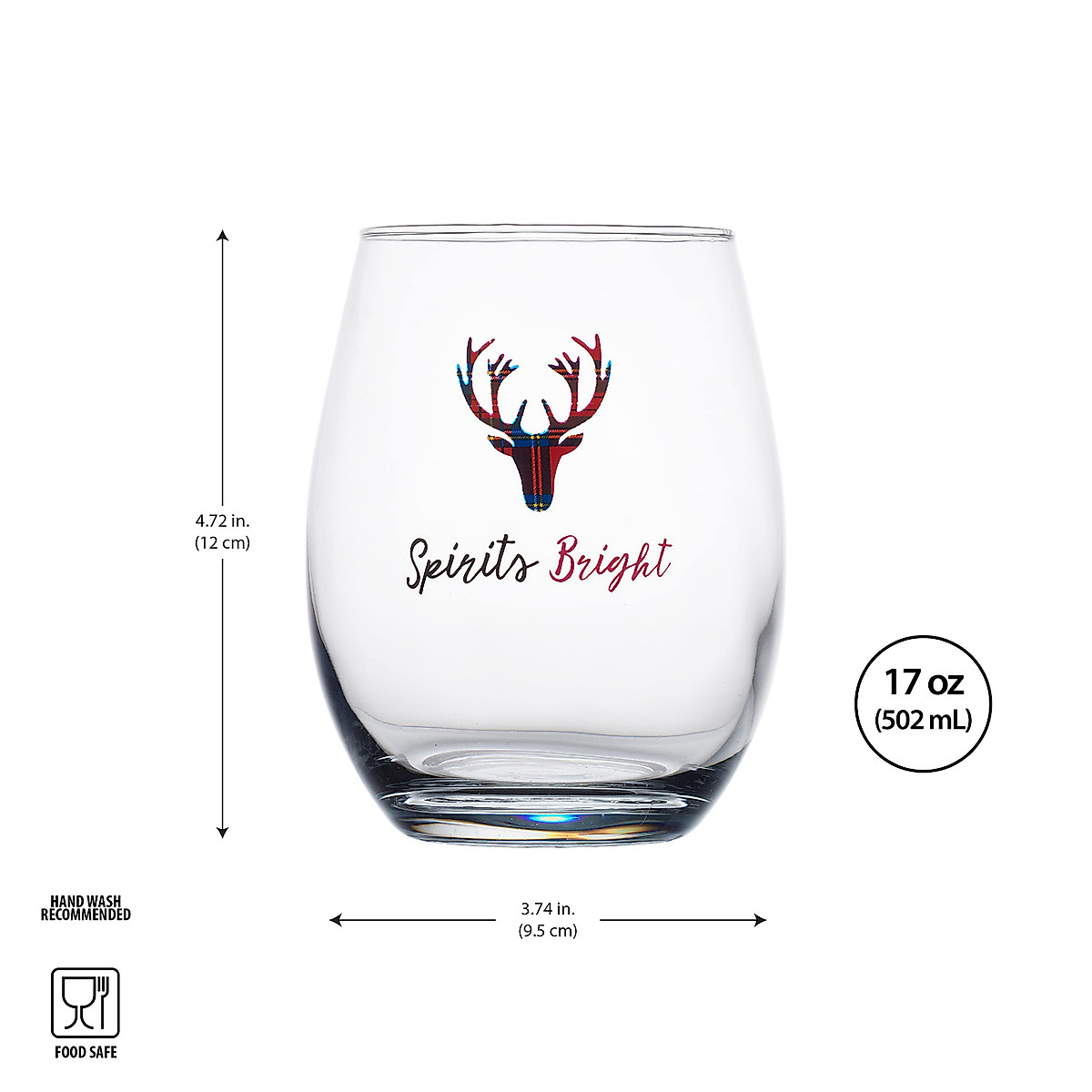 Elegant Home Set of Four (4) 17oz Holiday Festive Christmas Stemless Clear Red Or White Wine Glass With Christmas Tree, Car & Reindeer Design Design