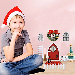 Christmas Elf Girl Fairy Doors, Miniature Elf Door Enchanted Fairy Doors, Elf On the Shelf Door Lantern Light Strip Christmas Tree Wreath Wooden Ladder Carpet Miniature Garden Furniture (22 Pcs)