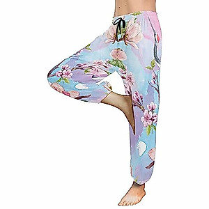 InterestPrint Flying Bird Flower Women's Yoga Trousers Baggy Lounge Bottoms Soft Yoga Sports Dance Harem Pants with Pockets XL