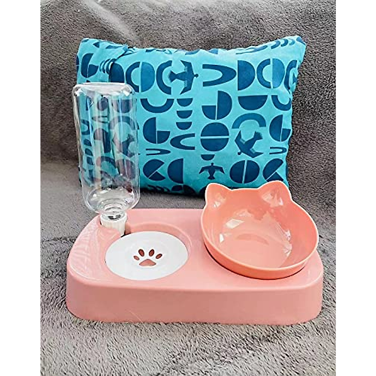 Cat Dog Water and Food Bowls, Tilted Raised Water Bottle and Food Bowl Set, Automatic Feeder Pet Food Bowl with Water Dispenser, Pet Bowl Sets, Pink for Kitten and Puppy, 11.81 x 6.5 x 11.02 inches