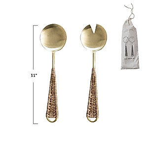 Bloomingville Scandinavian Stainless Steel Rattan Wrapped Handles in Printed Drawstring Bag, Gold and Natural Salad Server