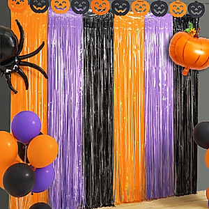 Halloween Party Decoration, 2 Pack Halloween Foil Fringe Curtains, Orange Purple Black Metallic Tinsel Foil Fringe Curtains Photo Streamers Backdrop for Halloween Wall Decor Party Photo Booth Props