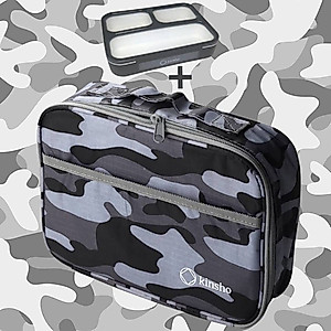 Camo Lunch Box for Boys | Bento Boxes with Bag, Ice Pack Set | Snack Containers for Kids Men Adults. 3 Leakproof Compartments, Container with Insulated Bags for School Lunches, Black Grey Camoflauge