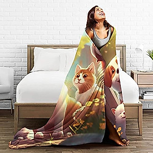 Happy Cat and Dog in The Morning Flannel Fleece Blanket - Cute Cartoon Pet Pattern, Soft and Comfortable, Suitable for Sofa and Bed, Easy to Clean, 40"x50"
