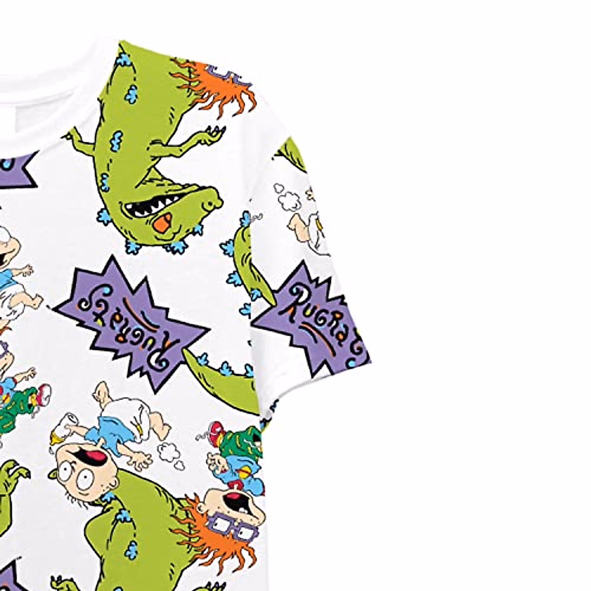 Nickelodeon Mens Rugrats Reptar Shirt - Rugrats Reptar Chuckie Tommy Allover Print T-Shirt (White, Large)