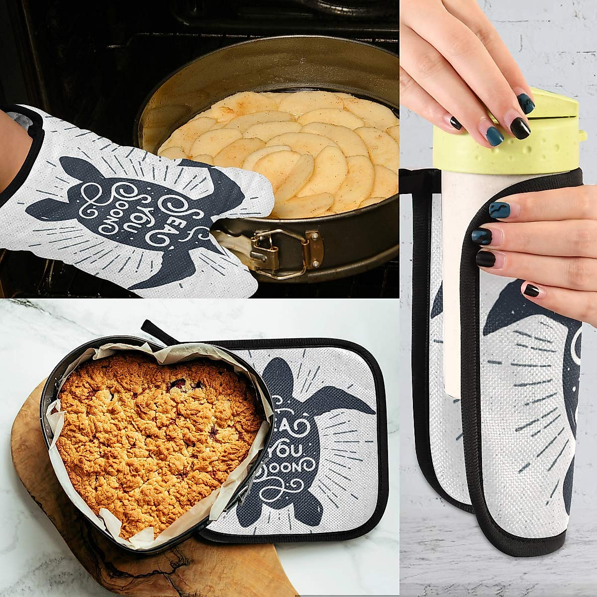 ALAZA Vintage Nautical Sea Turtle Oven Mitts and Pot Holders Sets Heat Resistant Kitchen Oven Gloves Potholder for Cooking Baking Grill